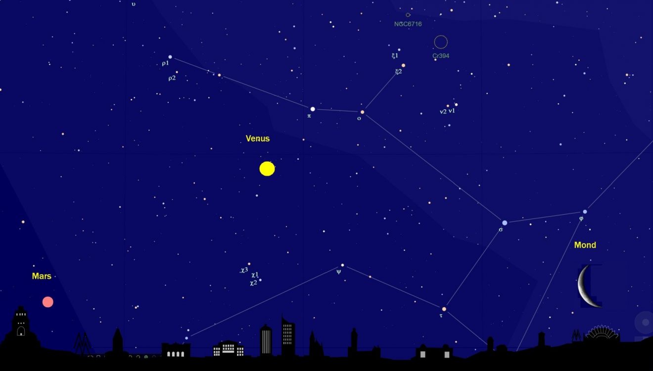 7. Februar: Mars, Venus und Mond bilden ein flaches Dreieck am ...